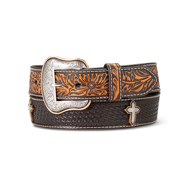 ARIAT MENS BROWN AND BLACK CROSS CONCHO BELT - FRINGE WESTERN WEAR