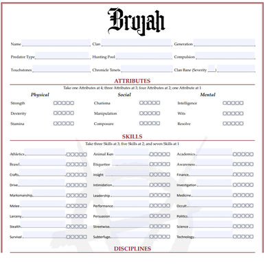 Laws of the Night Character sheet