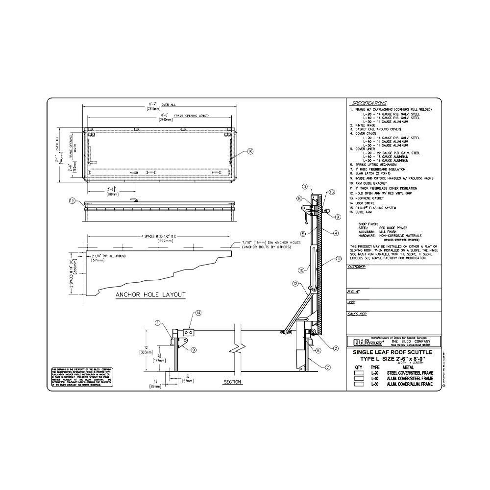 30" x 96" Service Stair Access Roof Hatch - Aluminum - Bilco