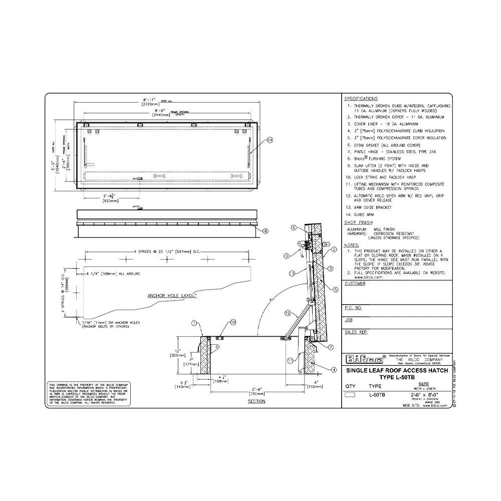 30" x 96" - Thermally Broken Service Stair Access Roof Hatch
