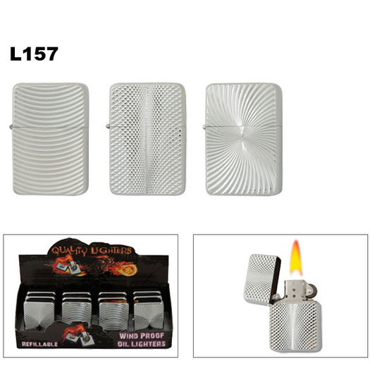 Oil Lighters L157 (1 doz.) Chrome Patterns ~ Lighter fluid NOT included.