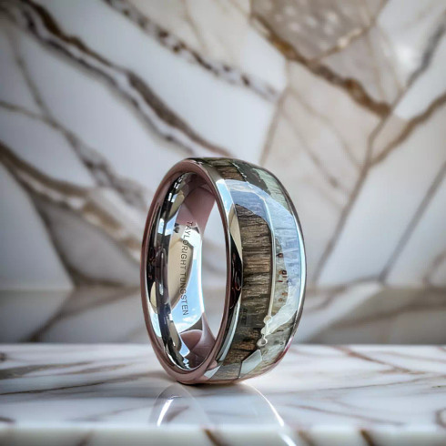 8 mm KOA/Zebra Arrow Design with Rose Gold Sleeve in Tungsten - A090C