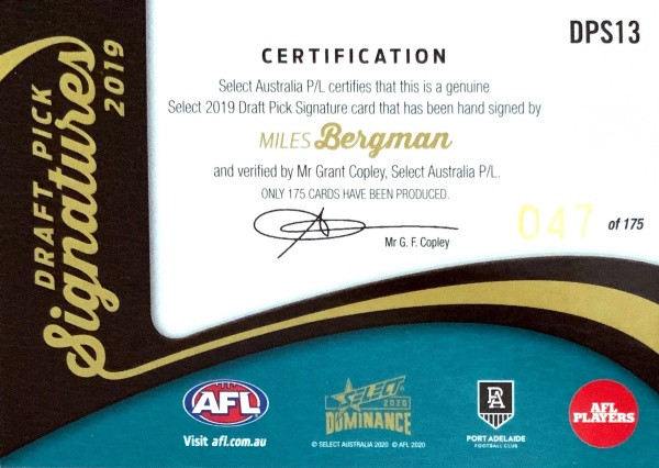 2020 AFL SELCT DOMINANCE MILES BERGMAN PORT ADELAIDE POWER DRAFT PICK ...