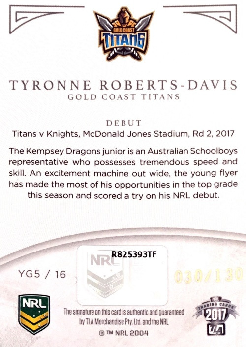 2017 NRL ELITE TYRONNE ROBERTS-DAVIS GOLD COAST TITANS Young Guns ...