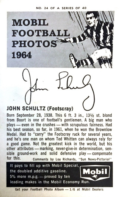 1964 Mobil Football Photos Card JOHN SCHULTZ Footscray Bulldogs