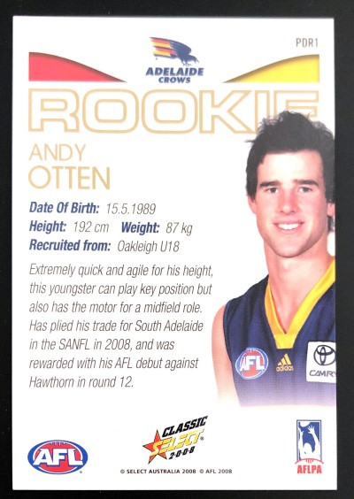 2008 Select AFL Classic Rookie Card ANDY OTTEN Adelaide Crows