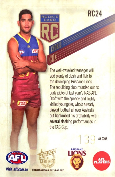 2017 AFL Select Certified Rookie Card CEDRIC COX Brisbane Broncos