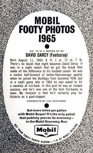 1965 Mobil Football Photos Card DAVID DARCY Footscray Bulldogs