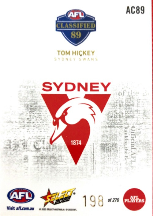 2022 AFL Select TOM HICKEY Sydney Swans Classified Card
