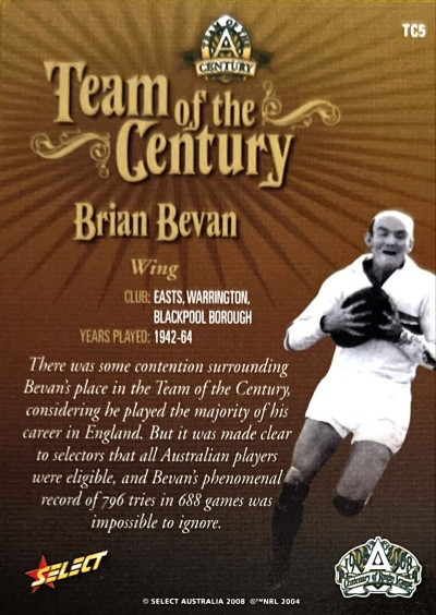 2008 NRL Centenary of League BRIAN BEVAN Team of the Century Card