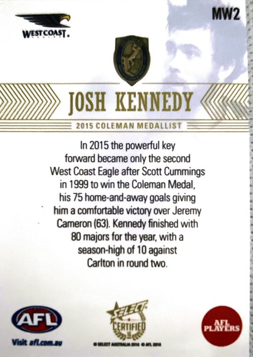 2016 AFL Certified Series JOSH KENNEDY West Coast Eagles Coleman ...