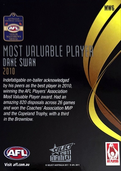 2011 AFL Infinity Series DANE SWAN Collingwood Magpies Most Valuable ...