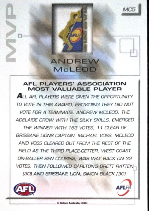 2002 AFL Exclusive Series ANDREW McLEOD Adelaide Crows Most Valuable ...