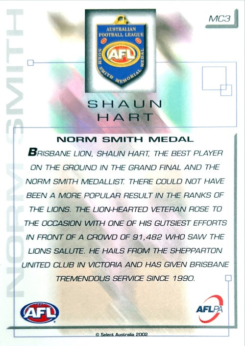 2002 AFL Exclusive Series SHAUN HART Brisbane Lions Norm Smith ...