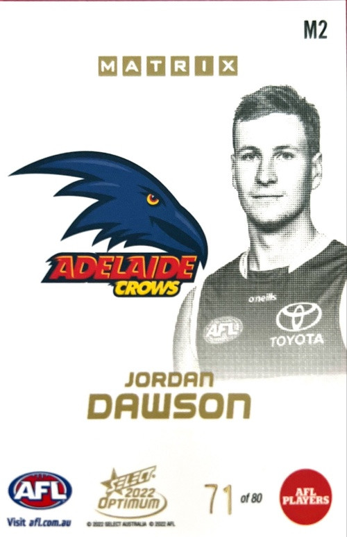 2022 AFL Select Optimum JORDAN DAWSON Adelaide Crows Matrix Card M2