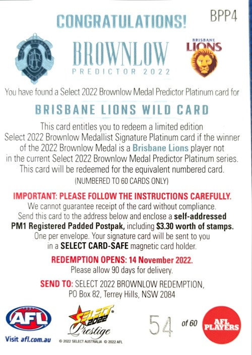 2022 AFL SELECT PRESTIGE PLATINUM BRISBANE WILD CARD BROWNLOW PREDICTOR ...