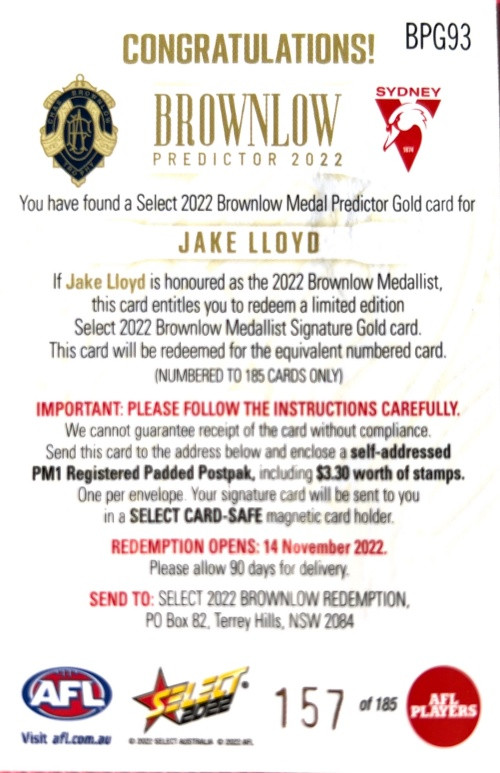 2022 AFL SELECT GOLD JAKE LLOYD SYDNEY SWANS BROWNLOW PREDICTOR CARD