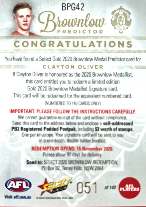 2020 AFL SELECT GOLD CLAYTON OLIVER MELBOURNE DEMONS BROWNLOW PREDICTOR ...