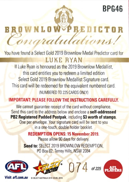 2019 AFL SELECT LUKE RYAN FREMANTLE DOCKERS BROWNLOW PREDICTOR CARD