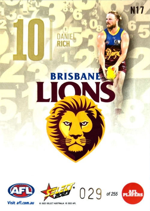 2023 AFL SELECT FOOTY STARS DANIEL RICH BRISBANE LIONS NUMBERS CARD