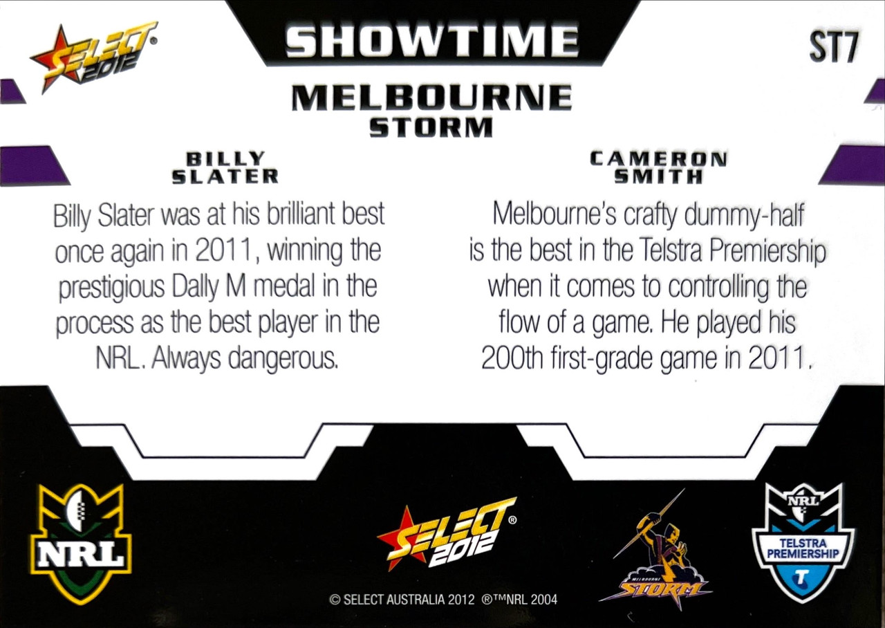 2012 NRL CHAMPIONS SLATER & CAMERON MELBOURNE STORM SHOWTIME CARD