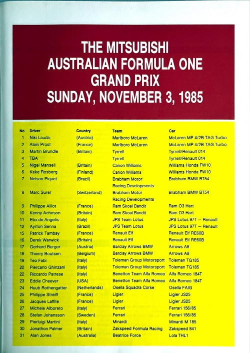 THE MITSUBISHI AUSTRALIAN FORMULA 1GRAND PRIX PROGRAMME ADELAIDE 1985