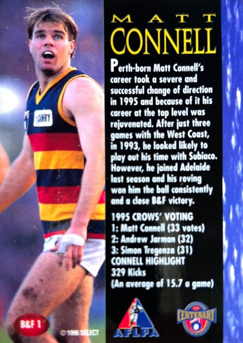 1996 SELECT MATT CONNELL ADELAIDE CROWS BEST & FAIREST CARD