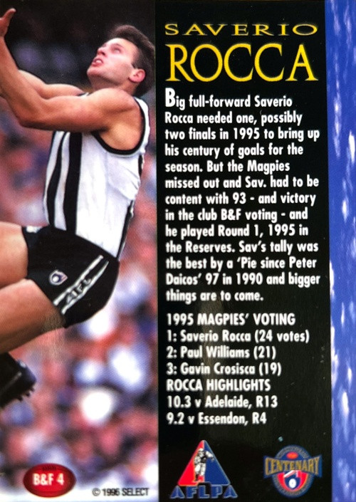 1996 SELECT SAVERIO ROCCA COLLINGWOOD MAGPIES BEST & FAIREST CARD