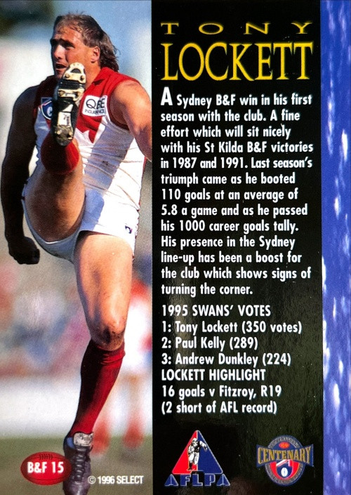 1996 SELECT TONY LOCKETT SYDNEY SWANS BEST & FAIREST CARD