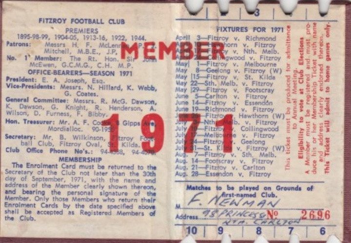 1971 FITZROY LIONS MEMBERSHIP TICKET