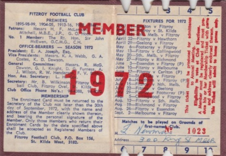 1972 FITZROY LIONS MEMBERSHIP TICKET