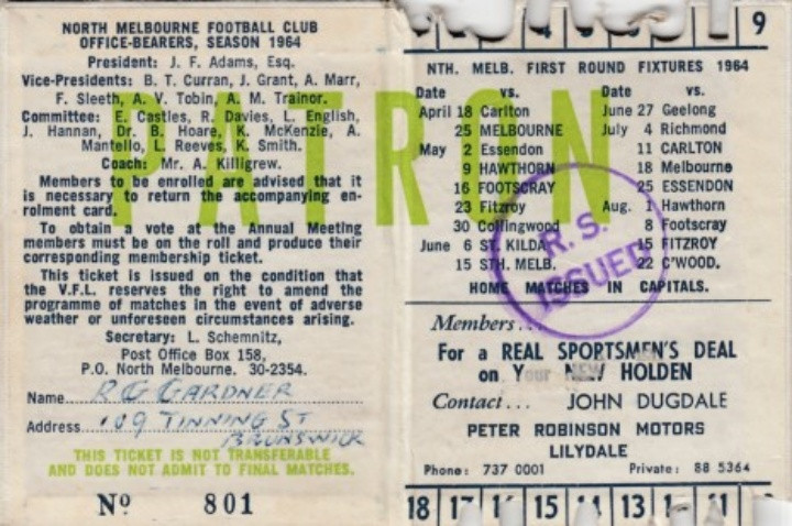 1952 NORTH MELBOURNE KANGAROOS MEMBERSHIP TICKET