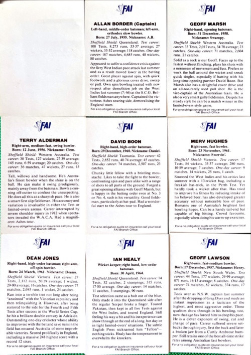 1989-90 SEASON - AUSTRALIAN CRICKET TEAM FAI CARD SET