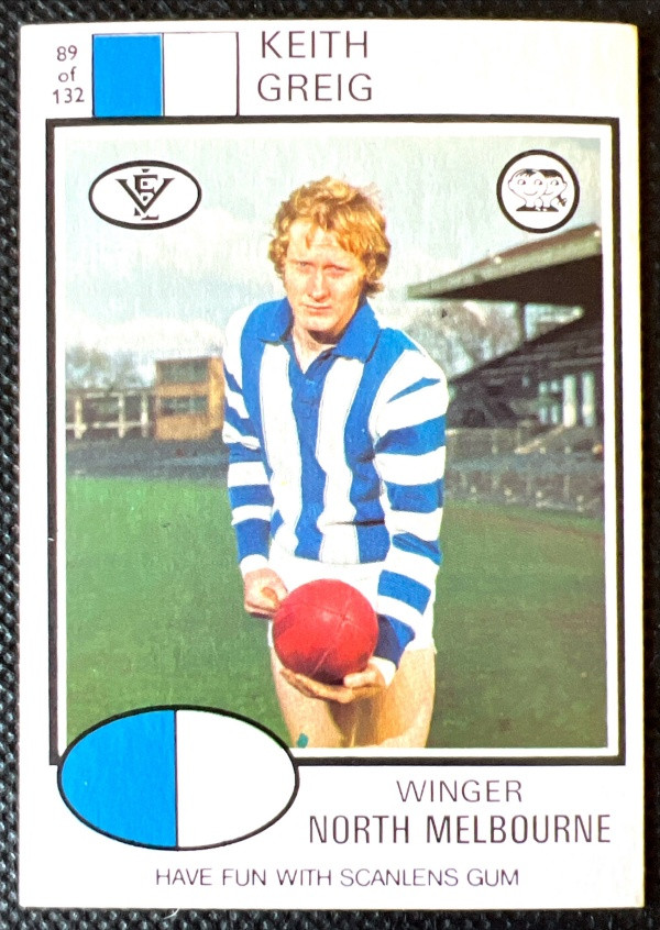 1975 VFL SCANLENS #89 KEITH GRIEG NORTH MELBOURNE KANGAROOS CARD