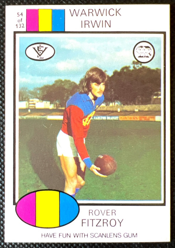 1975 VFL SCANLENS #54 WARWICK IRWIN FITZROY LIONS CARD