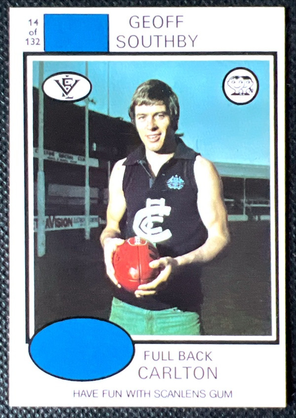 1975 VFL SCANLENS #14 GEOFF SOUTHBY CARLTON BLUES CARD