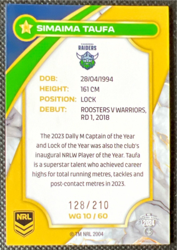 2024 NRL TRADERS TITANIUM SIMAIMA TAUFA CANBERRA RAIDERS WOMENS GOLD ...