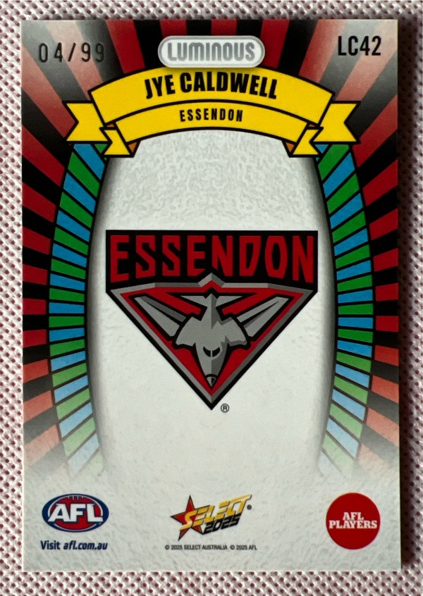 2025 AFL SELECT HOBBY BOX JYE CALDWELL ESSENDON BOMBERS LUMINOUS ...