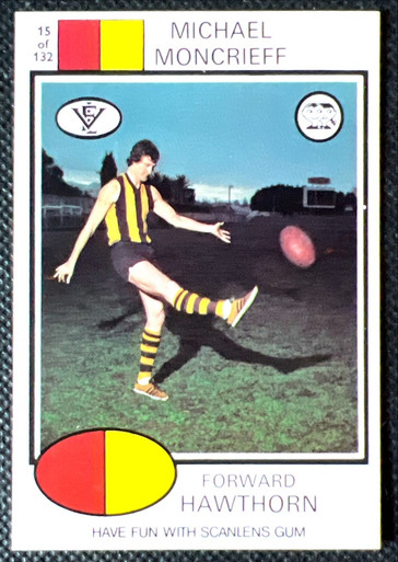 1975 VFL SCANLENS #15 MICHAEL MONCRIEFF HAWTHORN HAWKS CARD