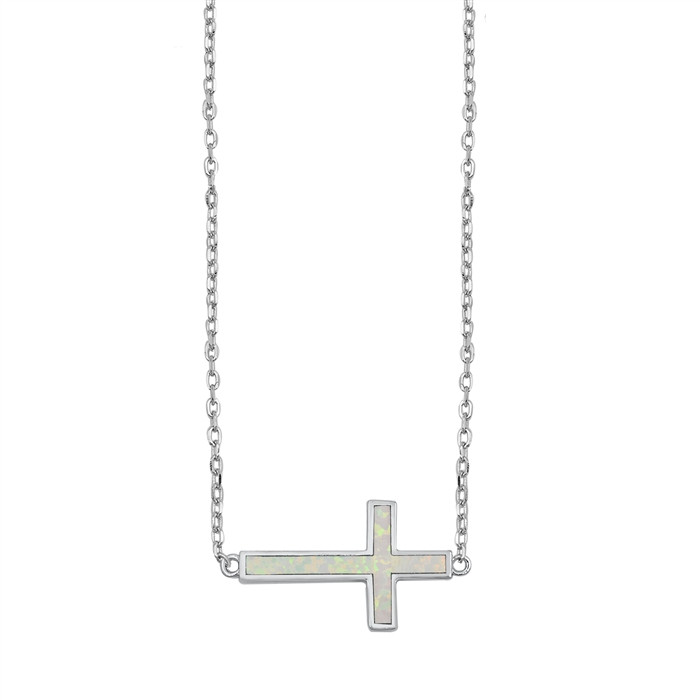 Sideways Cross Necklace - White Opal