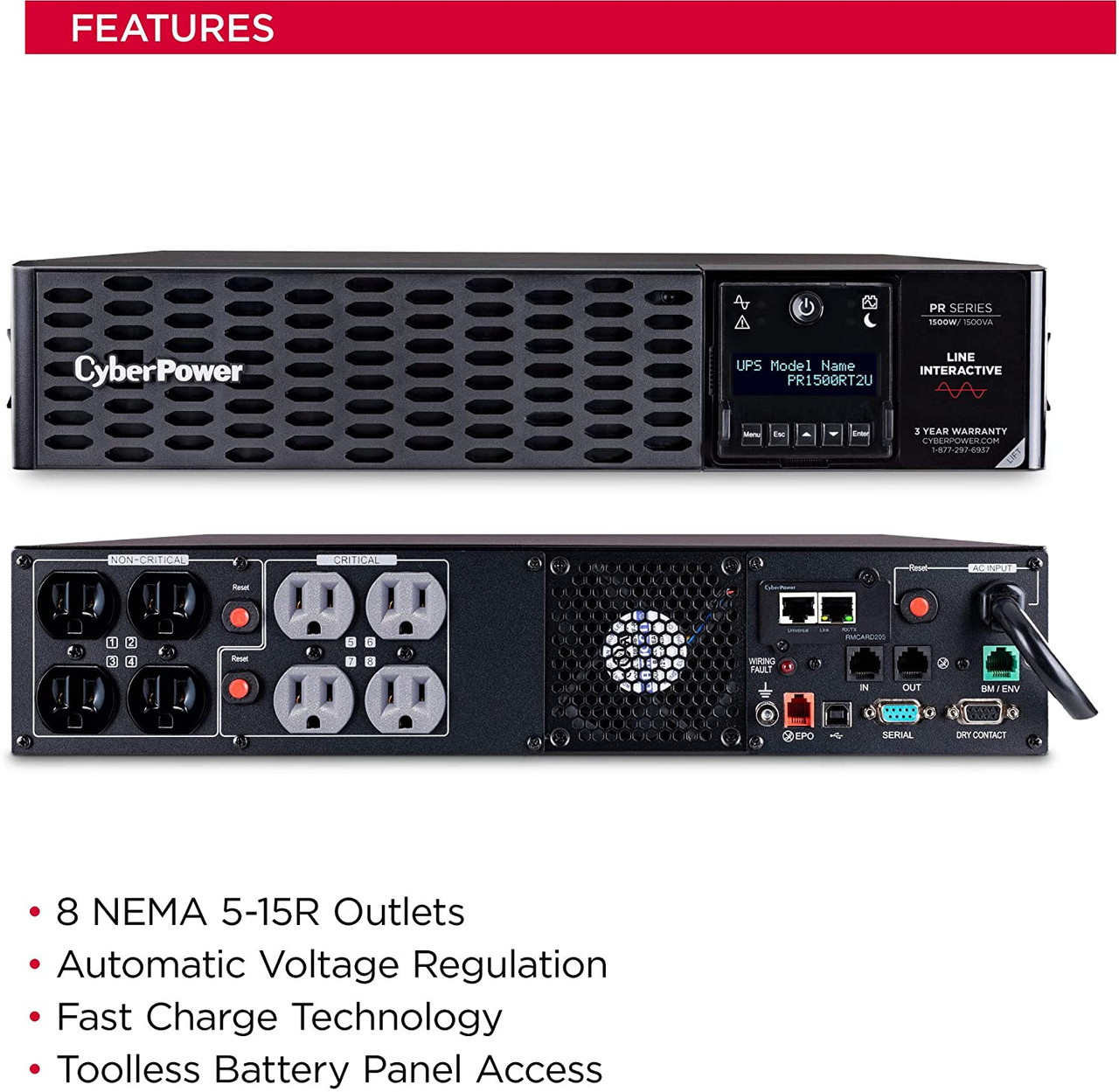 CyberPower PR1500RT2UN Smart App Sinewave UPS System, 1500VA/1500W, 8 Outlets, 2U Rack/Tower ...