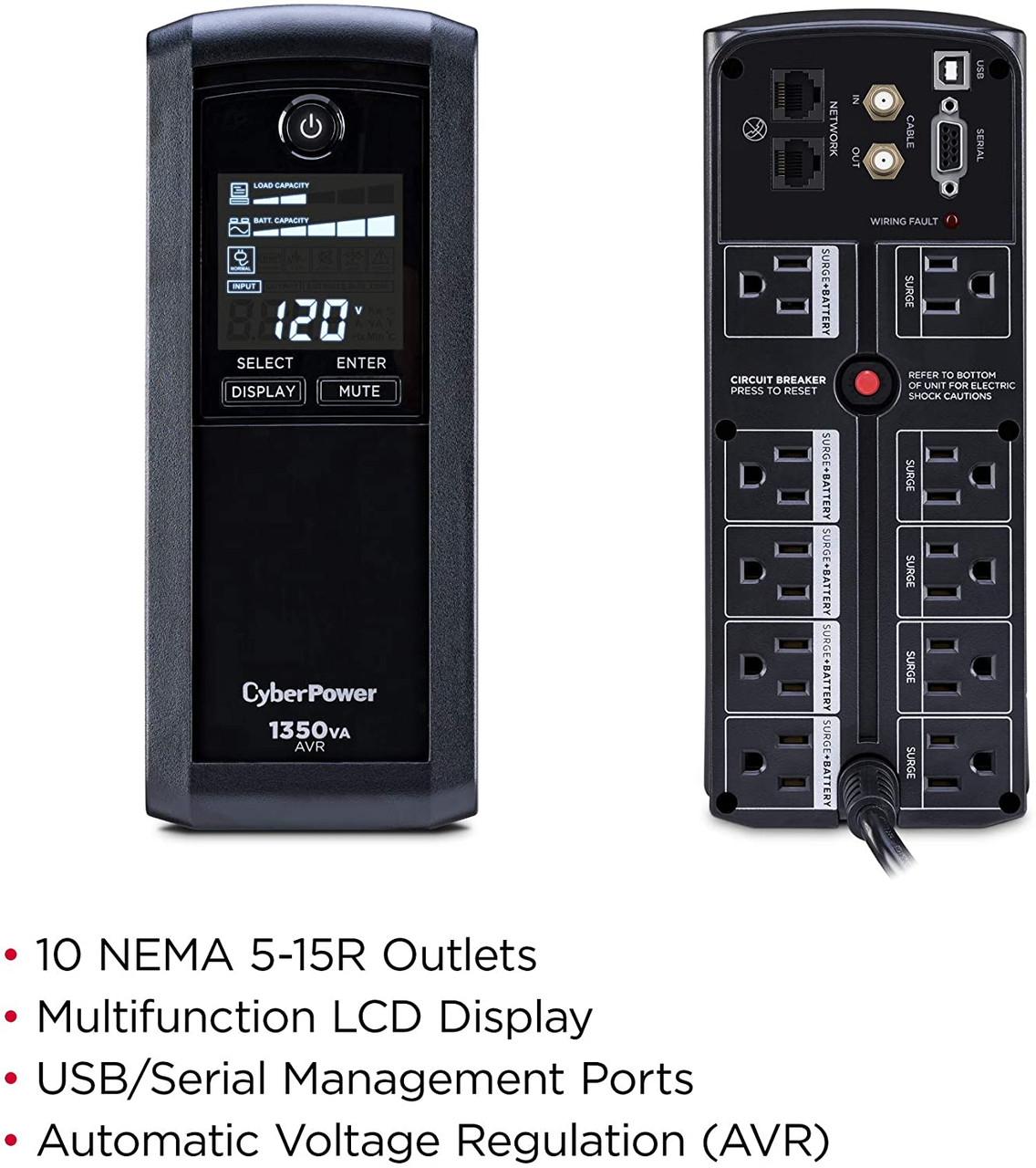 CyberPower CP1350AVRLCD Intelligent LCD UPS System, 1350VA/815W, 10 ...