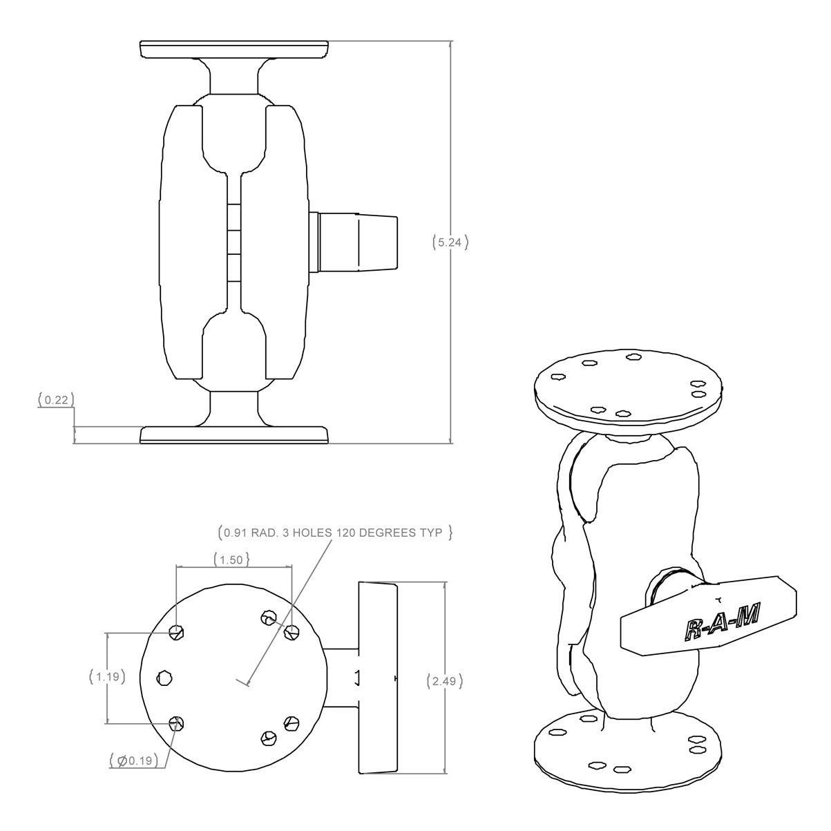 RAM® Universal Double Ball Mount with Two Round Plates - C Size Short ...