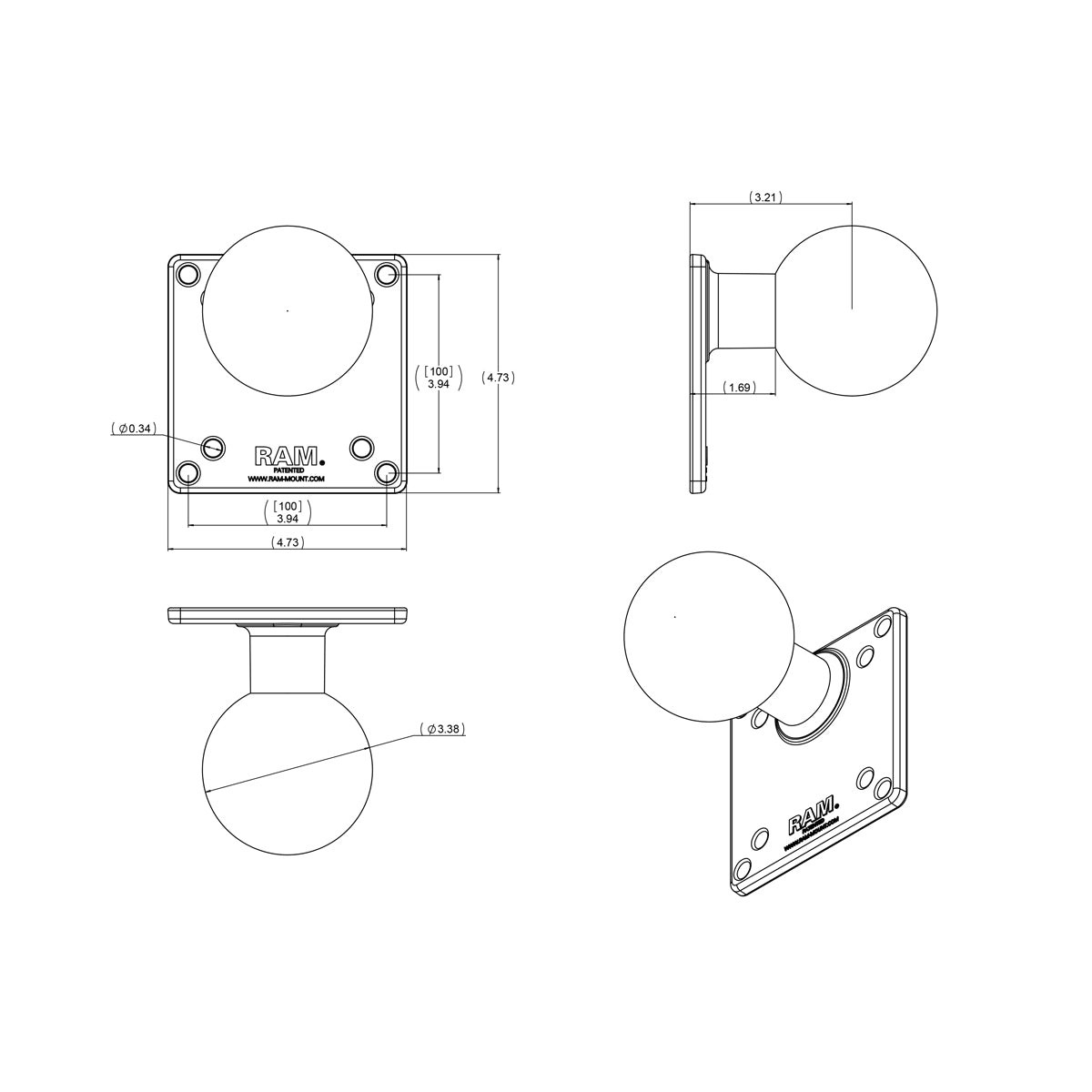 RAM® 100x100mm VESA Plate with Ball - E Size | RAM-E-246U