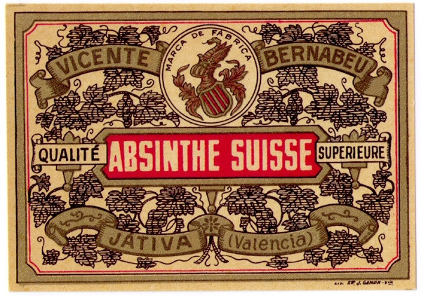 Antique Absinthe Swiss Vincente Bernabeu Bottle Label