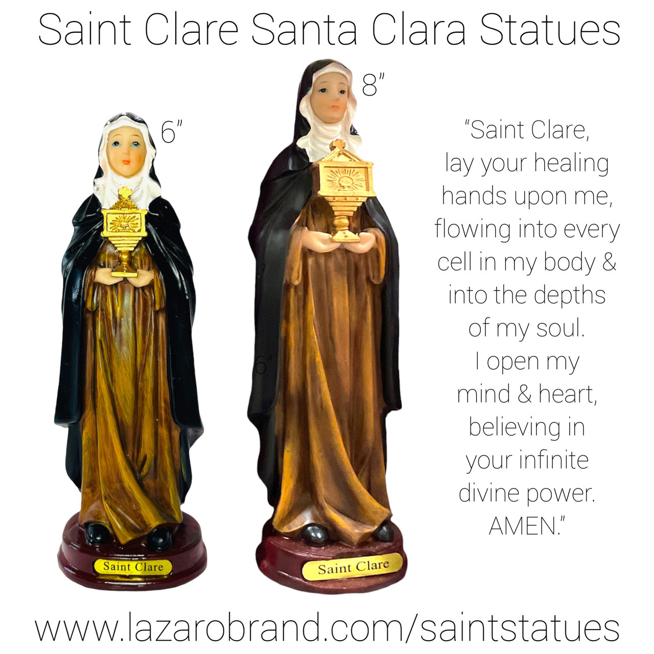 Saint Clare Statue: Peace, Strength, Wellness (8”) - Botanica San Lazaro