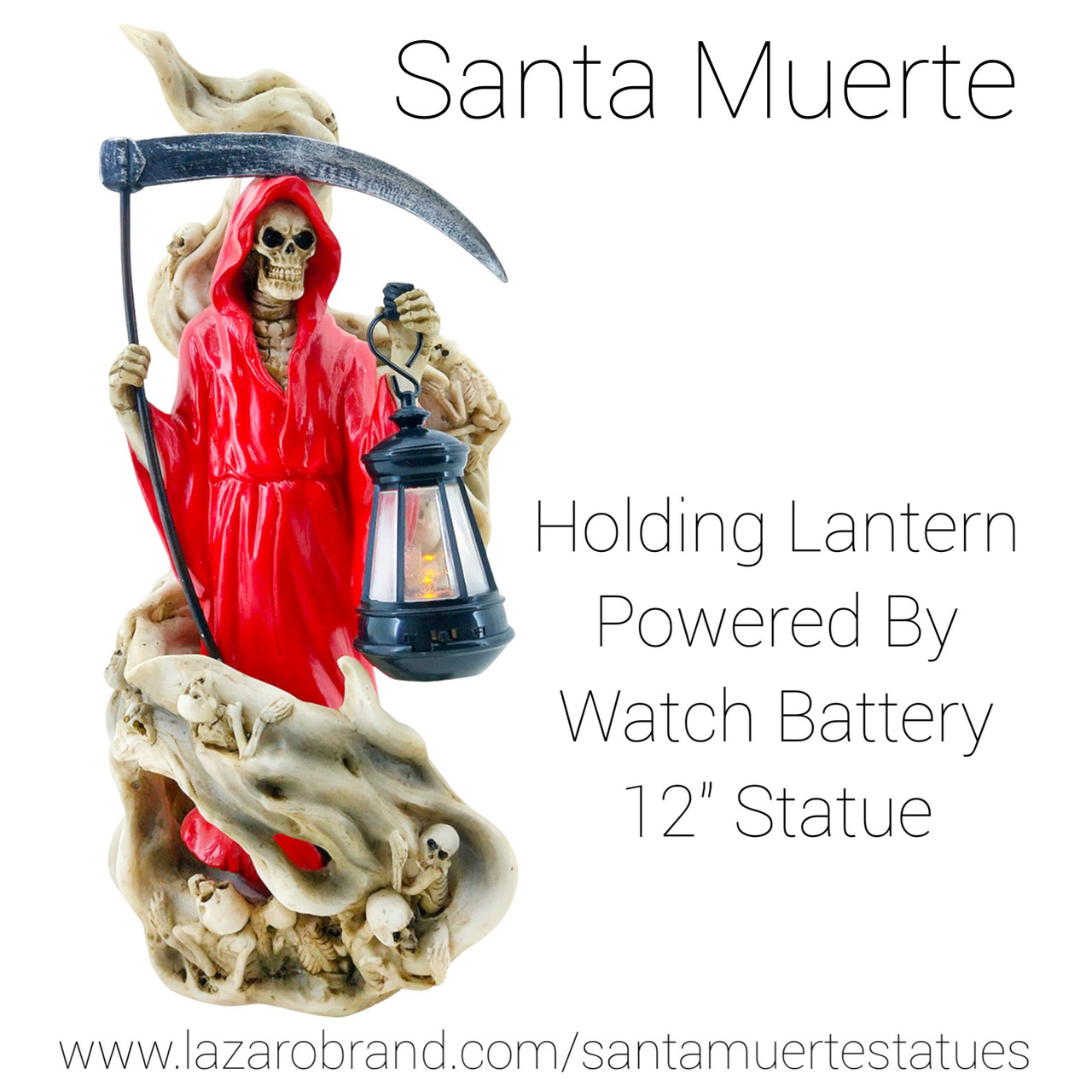 Santa Muerte Statue: Holding Lantern - Red (12") - Botanica San Lazaro