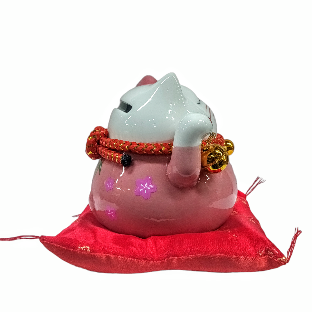 Lucky Cat Pink Ceramic Coin Bank On Cushion / 4" / Fortune Cat Maneki ...
