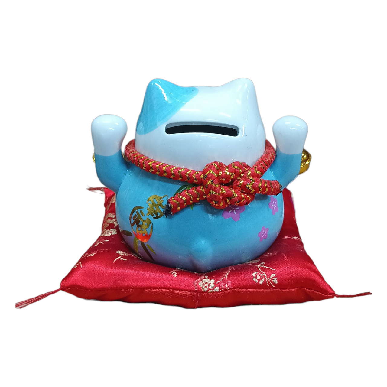 Lucky Cat Blue Ceramic Coin Bank On Cushion / 4" / Fortune Cat Maneki ...