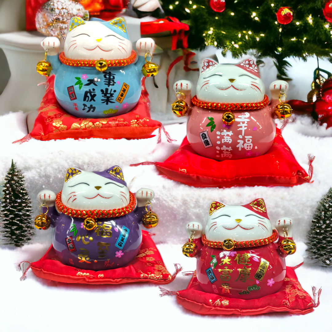 Lucky Cat Blue Ceramic Coin Bank On Cushion / 4" / Fortune Cat Maneki ...